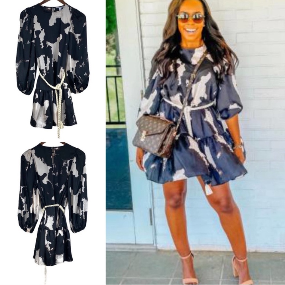 Long Sleeve Rope Belt Tiered Dress - Gem